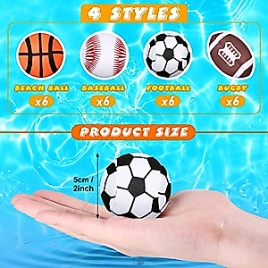 Leyndo 24 Pcs 2 Inch Water Pool Balls Toys Summer Soft Bomb Ball Sport Theme Absorbent Ball for Pool Swimming Beach Soaking Game Kids Party Activities, Baseball Football Soccer Beach Ball