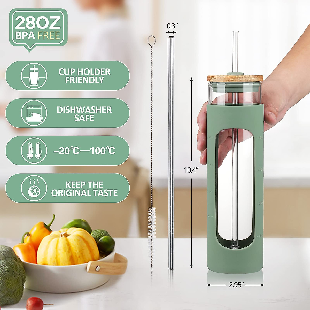 Kodrine 28oz Glass Water Bottles with Straw and Bamboo Lid, Wide Mouth Water Tumbler with Time Marker,Straw Silicone Protective Sleeve BPA FREE-Olive