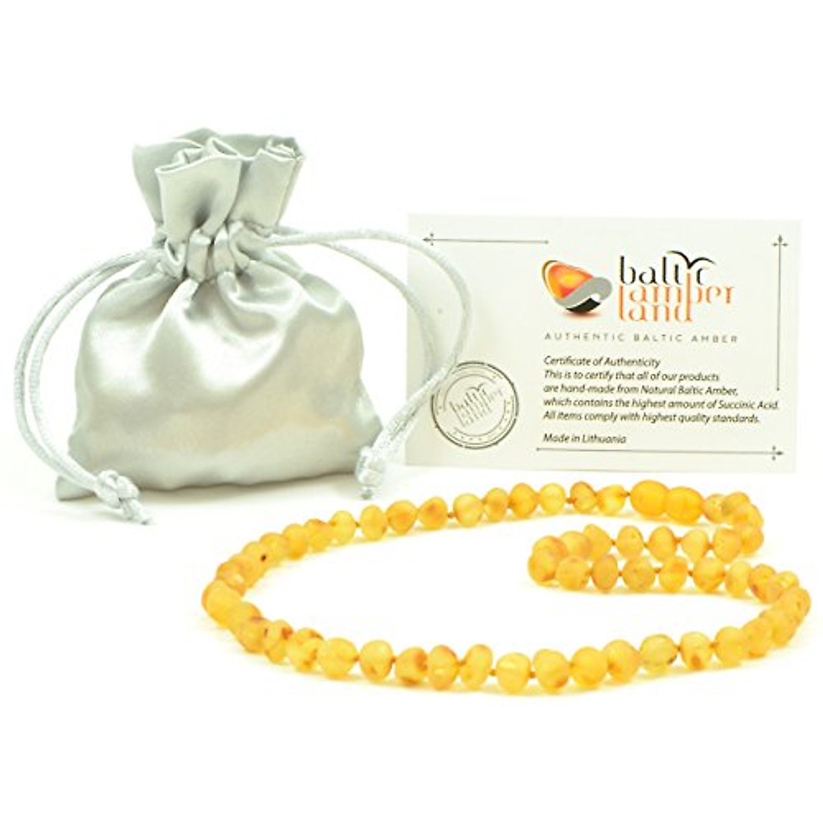 Raw Amber Necklace for Adults - Lemon Color - 17.7 Inches - Baltic Amber Land - Hand-made From Unpolished / Certified Baltic Amber Beads - Knotted - Screw Clasp (Lemon)