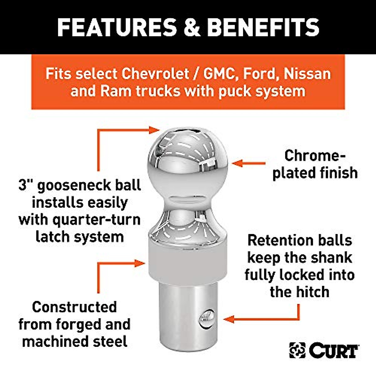 CURT 60634 38K Factory Style 3-Inch Gooseneck Ball, Fits Select Chevrolet Ford, GMC, Nissan Titan XD, Ram, Puck System Required