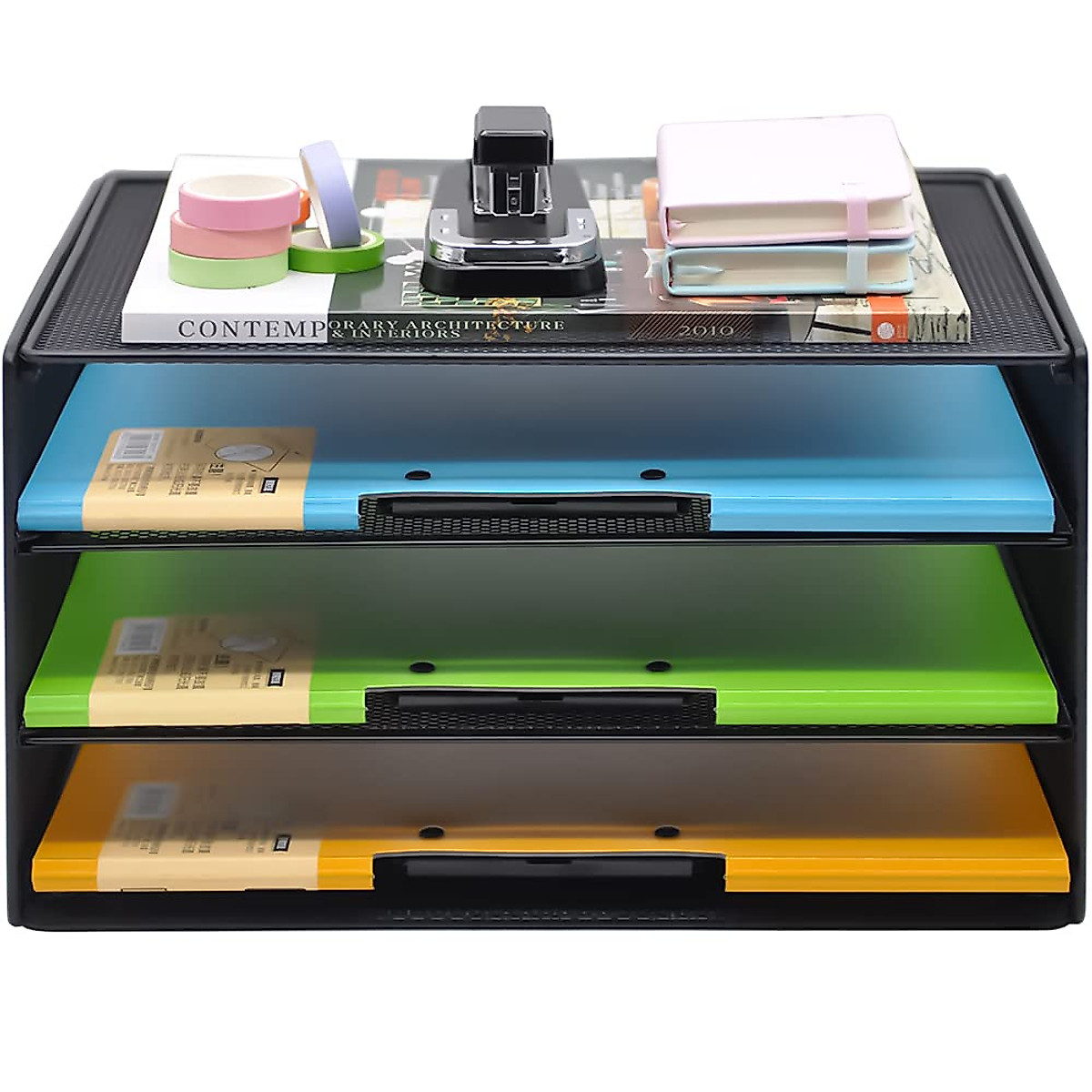 COSYAWN Paper Letter Tray Organizer, 3 Tier Mesh File Tray Desktop Paper Sorter, Black
