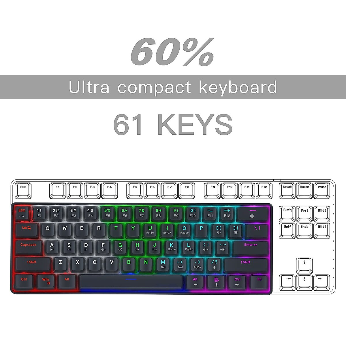 RAZEAK Portable 60 Percent Mechanical, Compact 61 Keys Mini Gaming Keyboard for PC/Mac Gamer Switchable Colorful RGB Backlit, Small Keyboard for Computer/Laptop - Blue Switch - Black