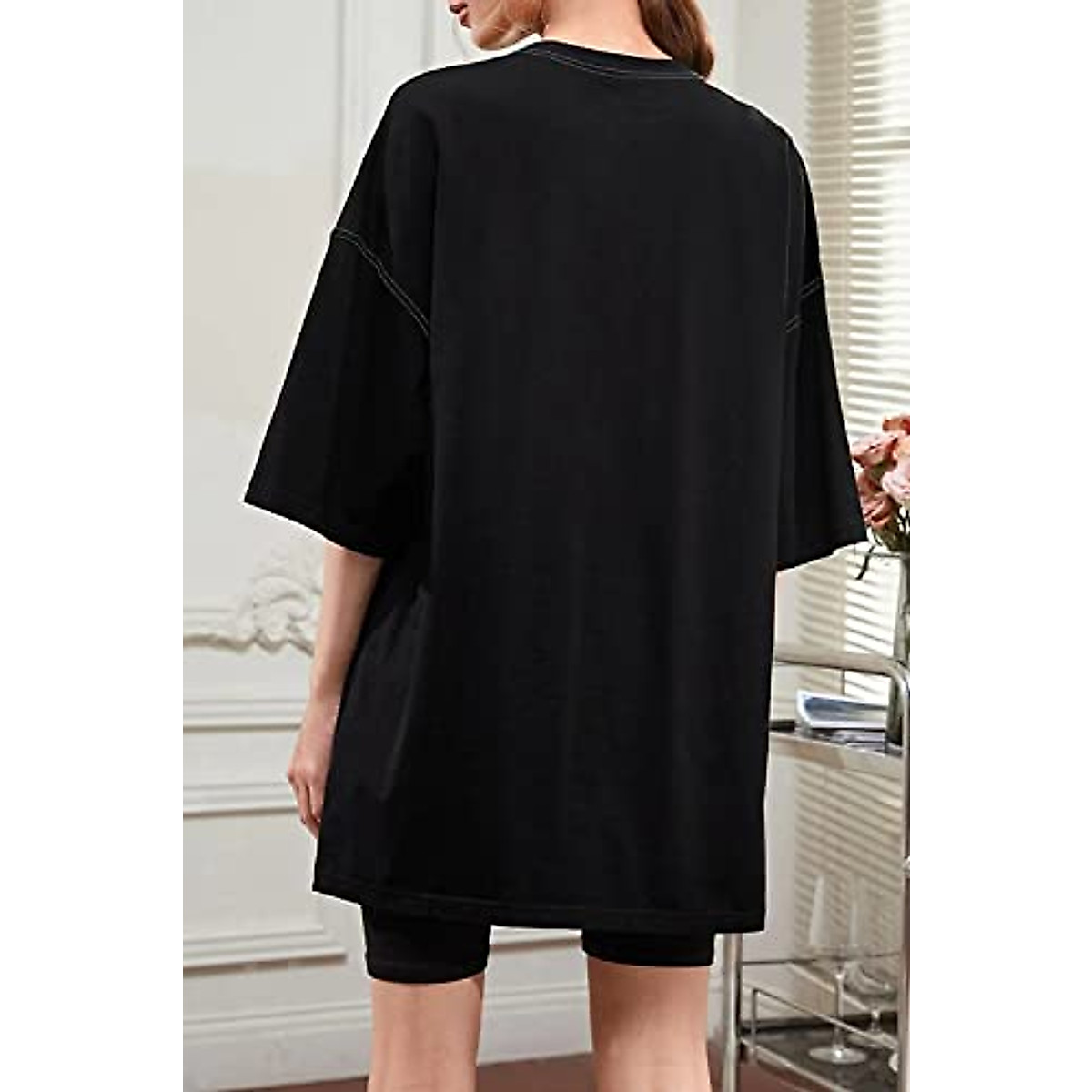 FSHAOES Women's Oversized T Shirts Casual Loose Half Sleeve Drop Shoulder Tees Summer Round Neck Cotton Tunic Tops Black