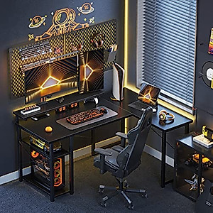 ODK L Shaped Gaming Desk, 53'' Corner Computer Desk with Monitor Stand & Storage Shelf, Sturdy Home Office Work Writing Table, Black