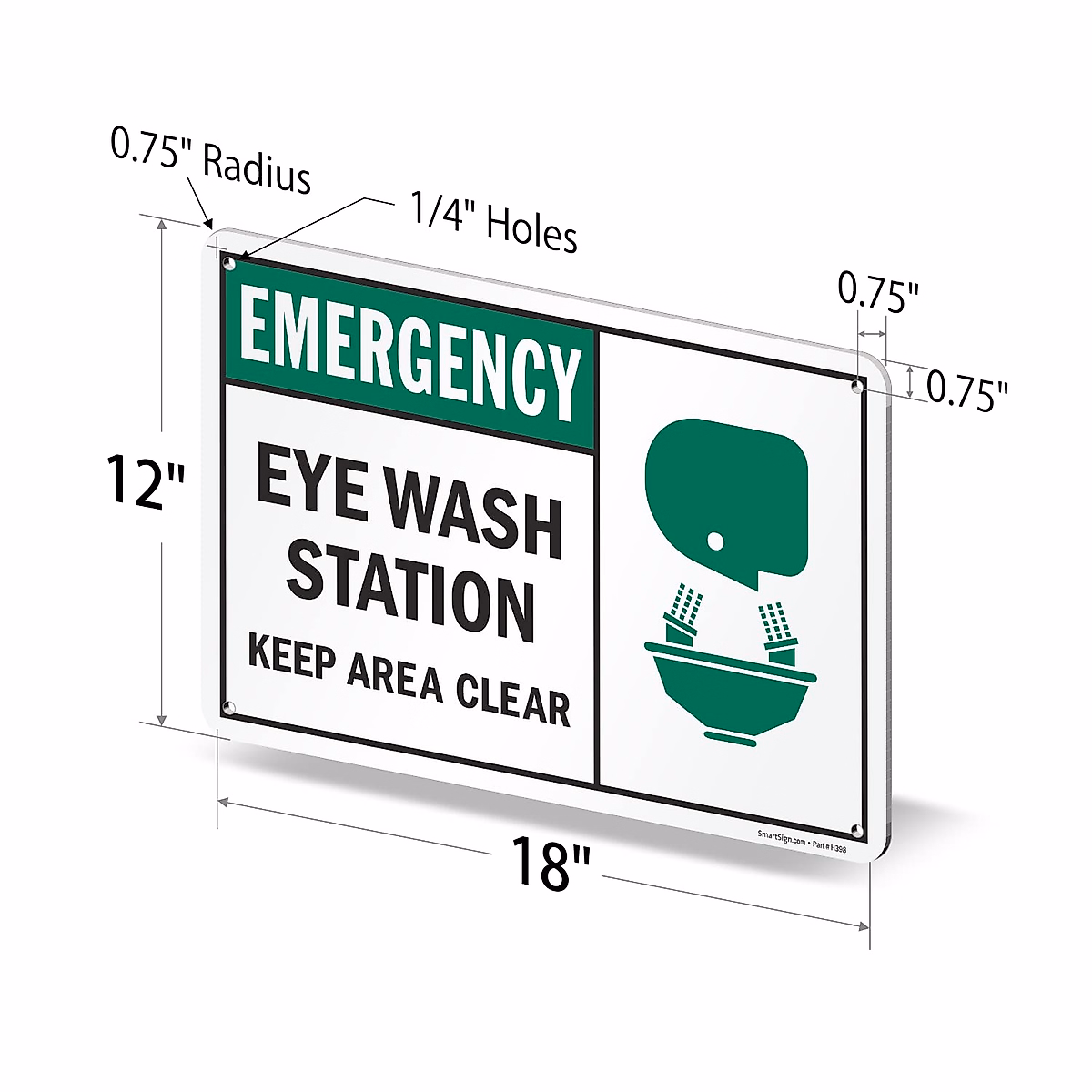 SmartSign 12 x 18 inch “Emergency Eye Wash Station - Keep Area Clear“ Sign With Graphic, Digitally Printed, 55 mil HDPE Plastic, Black, Green and white, Made in USA
