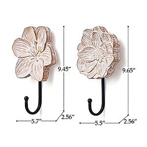 SOFFEE DESIGN Set of 2 Single Hooks 3D Flower Wood Carving Retro Style for Room Wall Decoration, Coat Hat Scarf Hanging Hanger Entry Heavy Hooks Home Decor