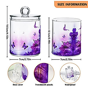 ALAZA 2 Pack Qtip Holder Dispenser Purple Butterflies Flowers Hydrangeas Iris Bathroom Organizer Canisters for Cotton Balls/Swabs/Pads/Floss,Plastic Apothecary Jars for Vanity