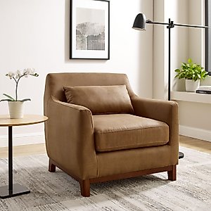 VANOMi Extra Deep Accent Chair, Faux Leather Upholstered Comfy Reading Armchair for Living Room, Bedroom Single Seat Sofa Chair with Wood Base, Leather, Brown