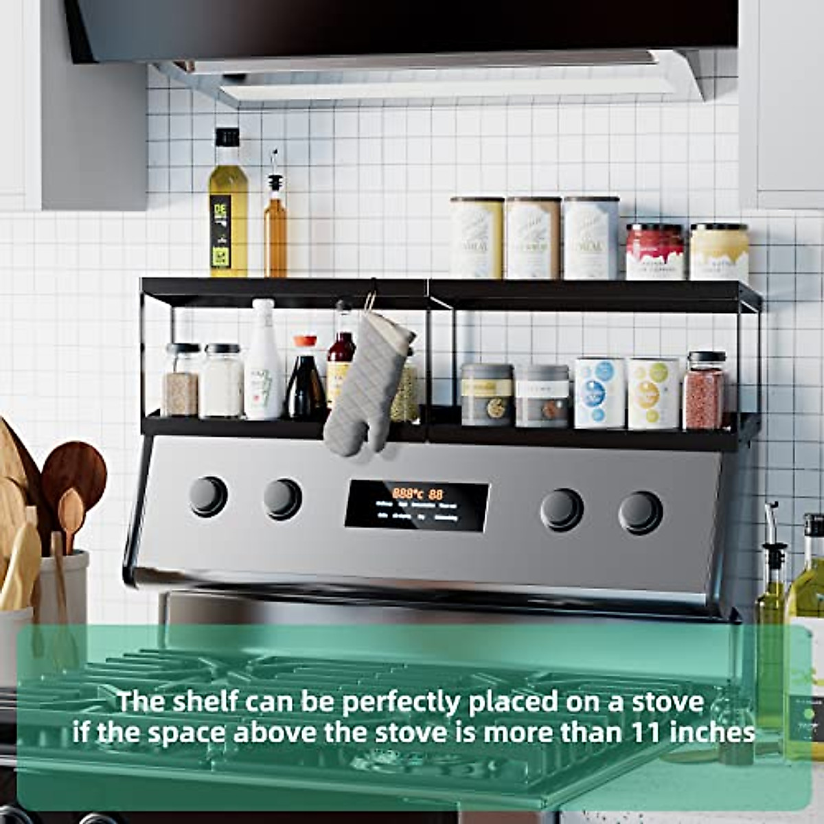 2-Tier Stainless Steel Shelf for Stove Top Organizer | Over The Stove Spice Rack | Double Layer Kitchen Storage Solution | Suitable for Flat & Curved Stoves | 30" Oven Shelf