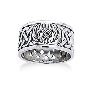Scottish Thistle and Celtic Knot Wedding Band 11mm Wide Sterling Silver Ring Size 14(Sizes 3,4,5,6,7,8,9,10,11,12,13,14,15)