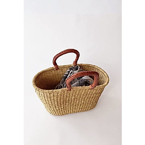 Ghana African Handmade Woven Oval Picnic Shopping Baskets (Natural with Brown Handles)