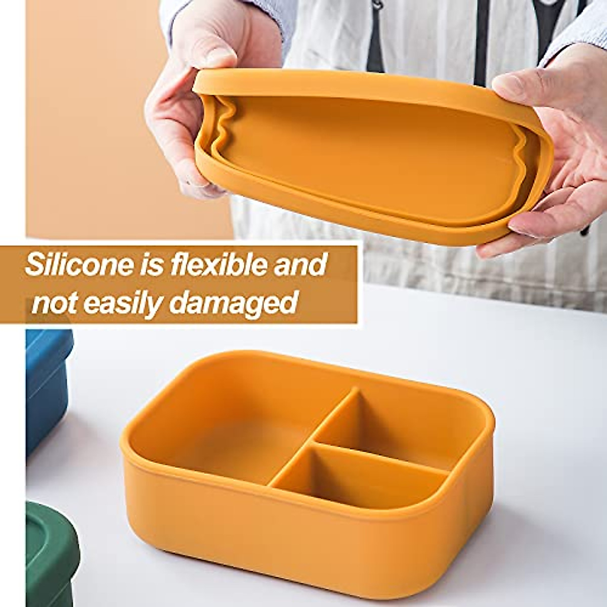 YFBXG Bento Lunch Box Container, Reusable Silicone Bento Lunch Container,Leak-Proof 3 Compartment Bento Box for Adult & kids, Microwave Safe (Green)