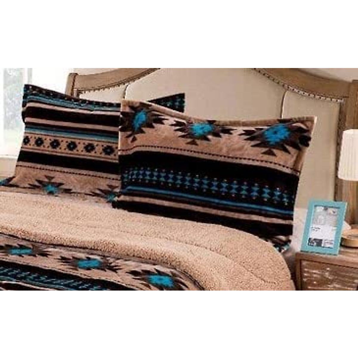 Linen Mart Southwest Aztec Sherpa Borrego Fleece Blanket - 3 Piece Set (Tan) (Queen)