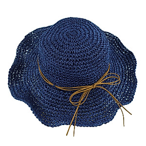 Women Sun Hat Wide Brim Floppy Beach Hat Crochet Straw Hat Breathable UV UPF 50+ Summer Hat Foldable Packable Travel Outdoor Cap Navy Blue