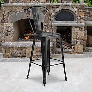EMMA + OLIVER 4 Pack 30" High Distressed Black Metal Indoor-Outdoor Barstool with Back