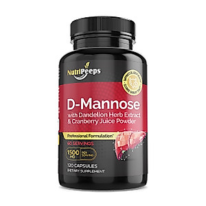NutriPeeps D-Mannose 1500mg, 120 Capsules with Dandelion Herb and Cranberry Extracts, Natural Urinary Tract Cleanse for UTI Support, Flushing and Detoxing of Impurities, for Men and Women.