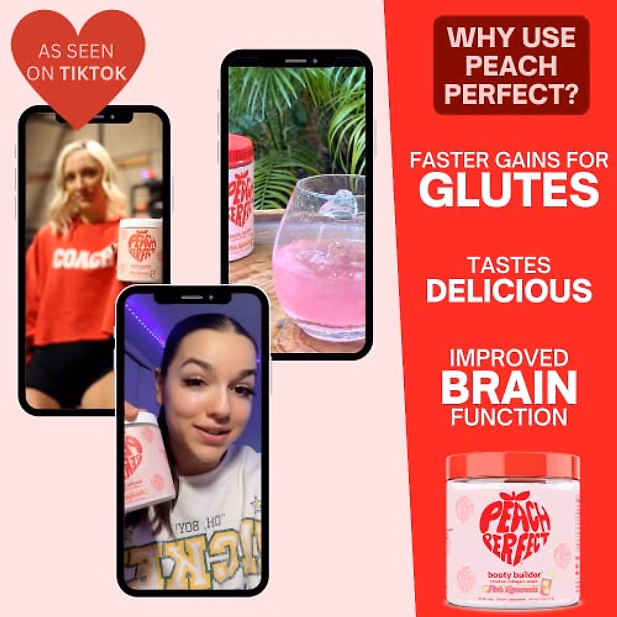 Peach Perfect Creatine for Women Booty Gain, Muscle Builder, Energy Boost, Pink Lemonade, Cognition Aid | Collagen, BCAA, lean muscle, Creatine Monohydrate Micronized Powder, Alt Creapure, 30 Servings