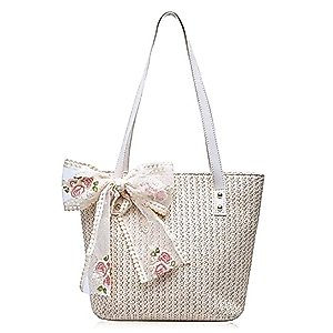 QTKJ Women Large Straw Beach Tote Bag Summer Hand-woven Bags Shoulder Bag Leather Handle Beach Handbags with Cute Lace Bow Small (White)