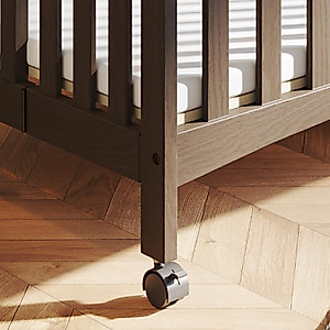 Child Craft London Mini Compact Folding Portable Crib with 2” Crib Mattress and 2 Easy Roll Locking Wheels, Durable Pine Wood Construction (Dapper Gray)