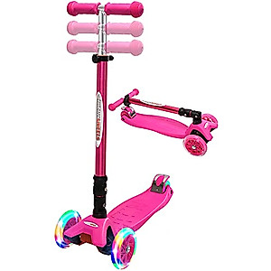 ChromeWheels Scooters for Kids, Deluxe Kick Scooter Foldable 4 Adjustable Height 132lbs Weight Limit 3 Wheel, Lean to Steer LED Light Up Wheels, Best Gifts for Girls Boys Age 3-12 Year Old, Pink