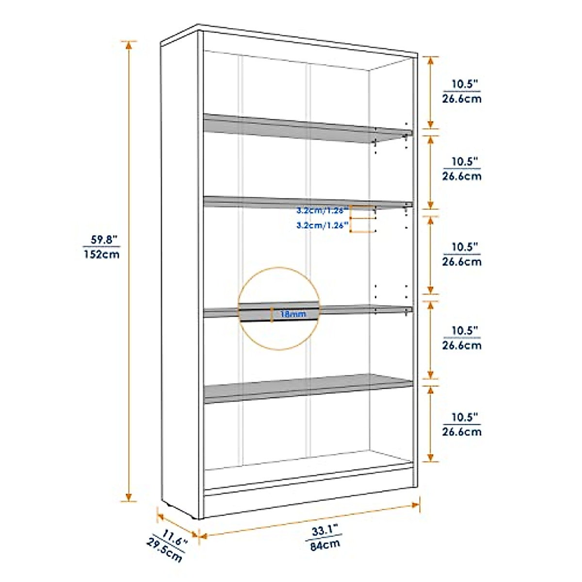 5-Shelf Wood Bookcase Freestanding Display Bookshelf for Home Office School (Grey,11.6" Depth*33" Width*59.8" Height)