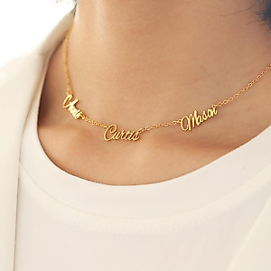 Personalized Name Necklace with Curb Chain, 18K Gold Plated Handmade Custom Family Choker Customized Child Nameplate Necklace Mother's Day Jewelry Gift for Mom, Wife (3 Names Necklace)