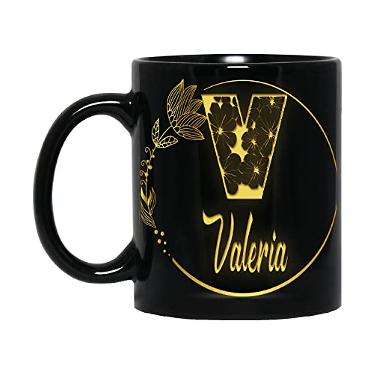 Coffee Mug Personalized Valeria Name & Initial Letter Monogram Floral Alphabet Mug Golden Flowers Custom Black Coffee Cup, Gift for Her Mom Coworker Sister, Wife, Girl 11oz Black Mug 792227