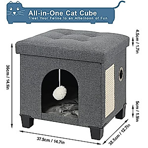BRIAN & DANY Foldable Cat Bed for Indoor Cats, Large Cat Cube for Pet Cat House with Cat Scratch Board & Cat Ball, 14.7” x 12.7” x 14.1”, Grey
