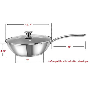 La Cuisine 11" stainless steel nonstick Wok Skillet with lid – Mirror Polish Exterior Finish, PFOA-free. Dishwasher Safe. 18/10 stainless steel..