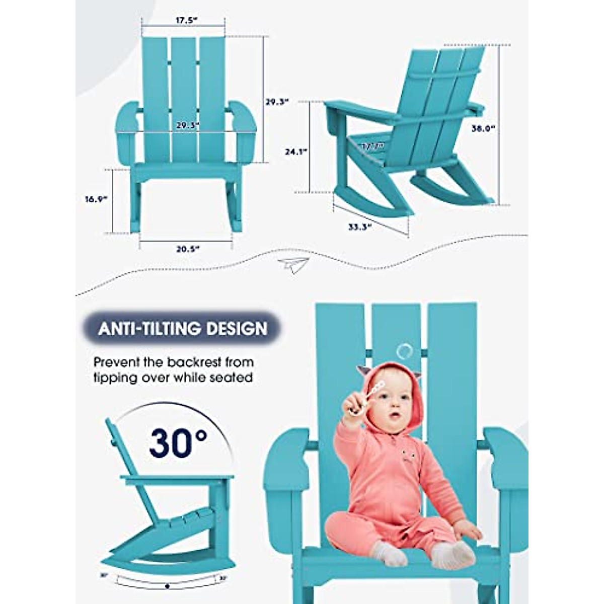 KINGYES Rocking Adirondack Chair ｜Modern Porch Rocker｜Weather Resistant Rocking Chair｜HDPE Curved Backrest Plastic Adirondack Rocker for Outdoor, Patio, Deck, Backyard - Tiffany