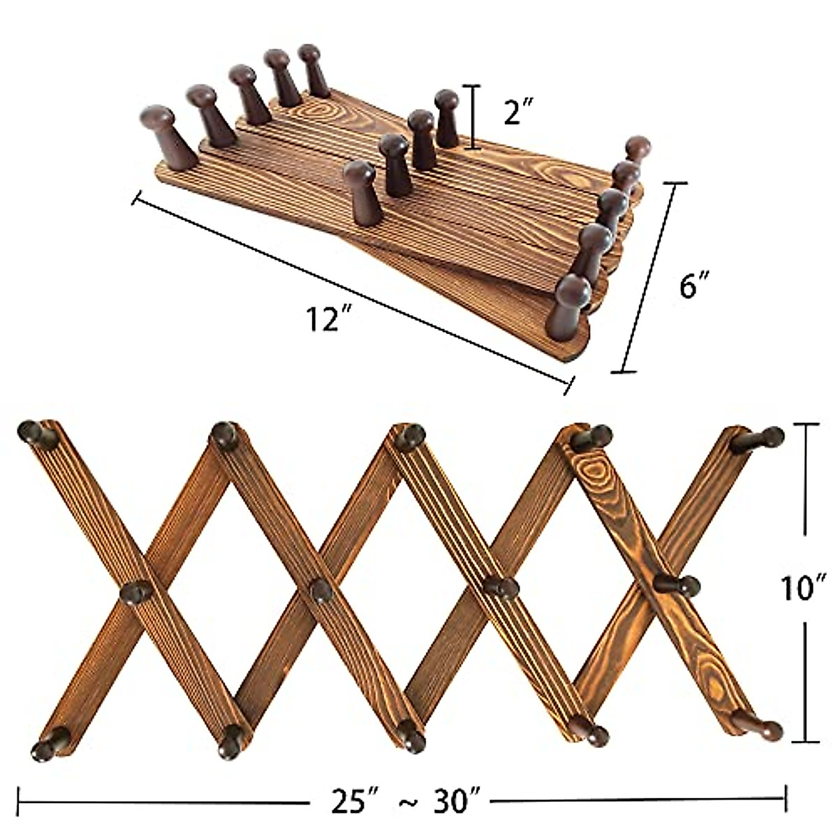 AITUFIY Expandable Coat Rack Hanger Wooden Accordion Wall Mounted Retro Wood Hat Rack 14 Pegs Hooks Hang Jacket,Coffee Mugs,Caps,Leash,Towel,Belt,Umbrella,Scarf,Bag (Carbon Brown)