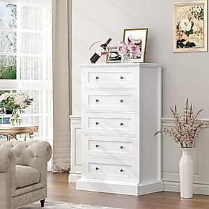 FACBOTALL 5 Drawer Dresser, 47.2" Tall White Dresser with 5 Drawers, Chest of Drawers Cabinet Wood Dresser for Hallway Living Room
