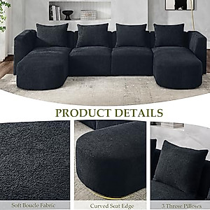 KIVENJAJA Modular Sectional Sofa, U-Shaped Couch with Double Chaise & Pillows, Modern Minimalist Boucle Fabric Large Comfy Cloud Sofas, Living Room Furniture Sets, 117 inch, Black