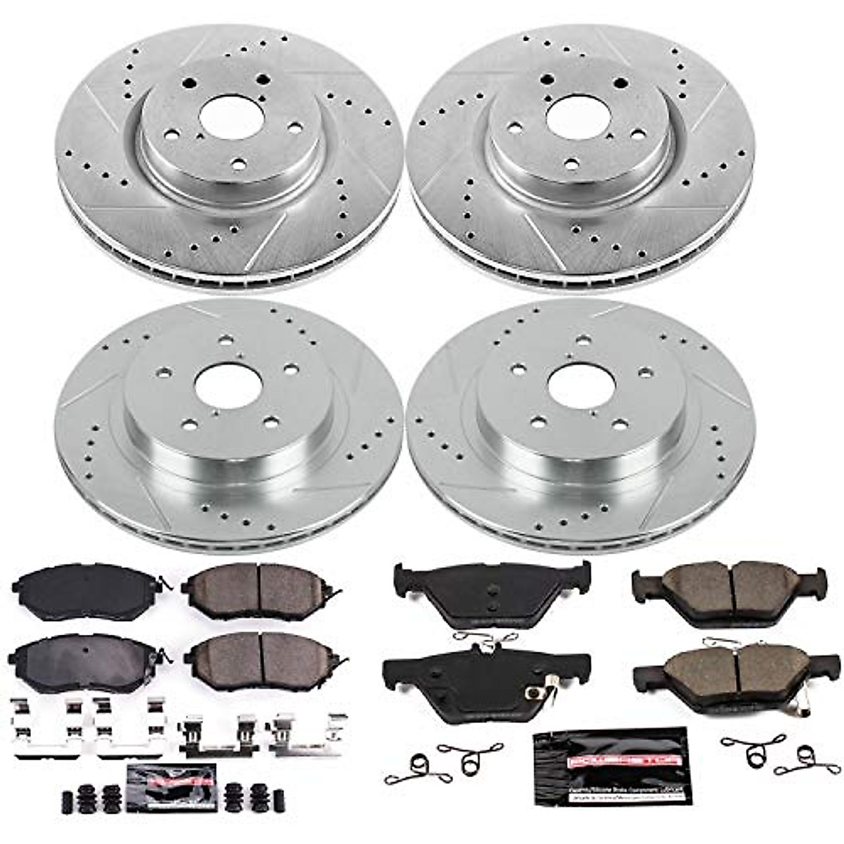 Power Stop K7028 Front and Rear Z23 Carbon Fiber Brake Pads with Drilled and Slotted Brake Rotors Brake Kit For Subaru Legacy 3.6R Outback WRX