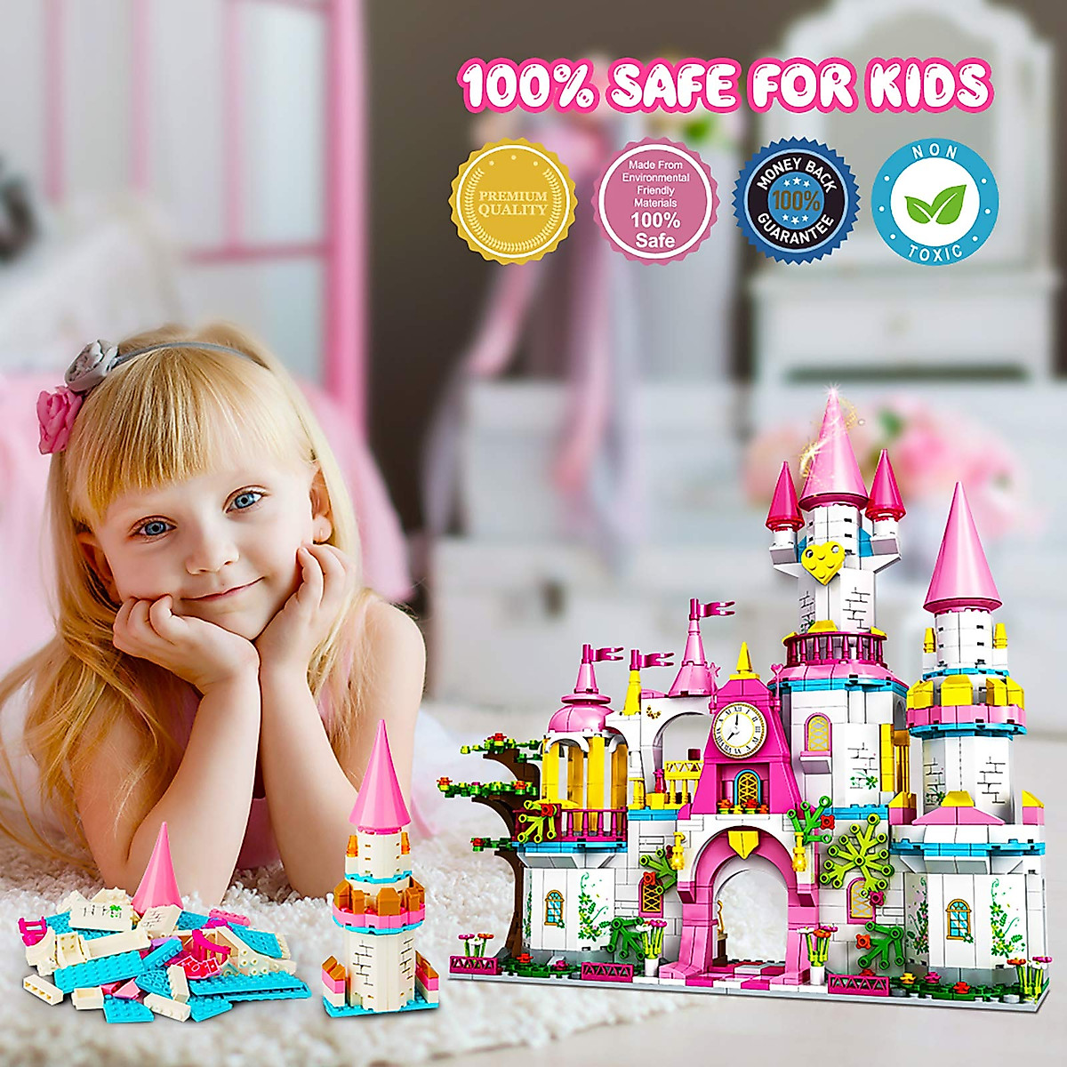 HOGOKIDS Girls Castle Princess Building Toys - Girl Dream House 5-in-1 Pink Castle & Carriage Playsets STEM Building Blocks Set Fantasy Gifts for Kids Age 6 7 8 9 10 11 12 Years Old (998 PCS)