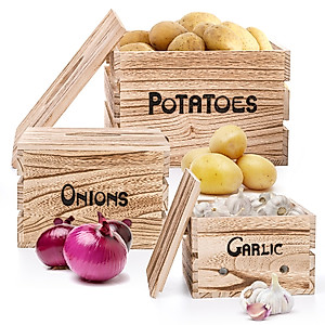 Frcctre 3 Pack Vegetable Storage Bins, Farmhouse Potato Onion Garlic Kitchen Storage Canisters Set, Wooden Stackable Vegetable Keeper with Lid and Aerating Holes for for Pantry Organization