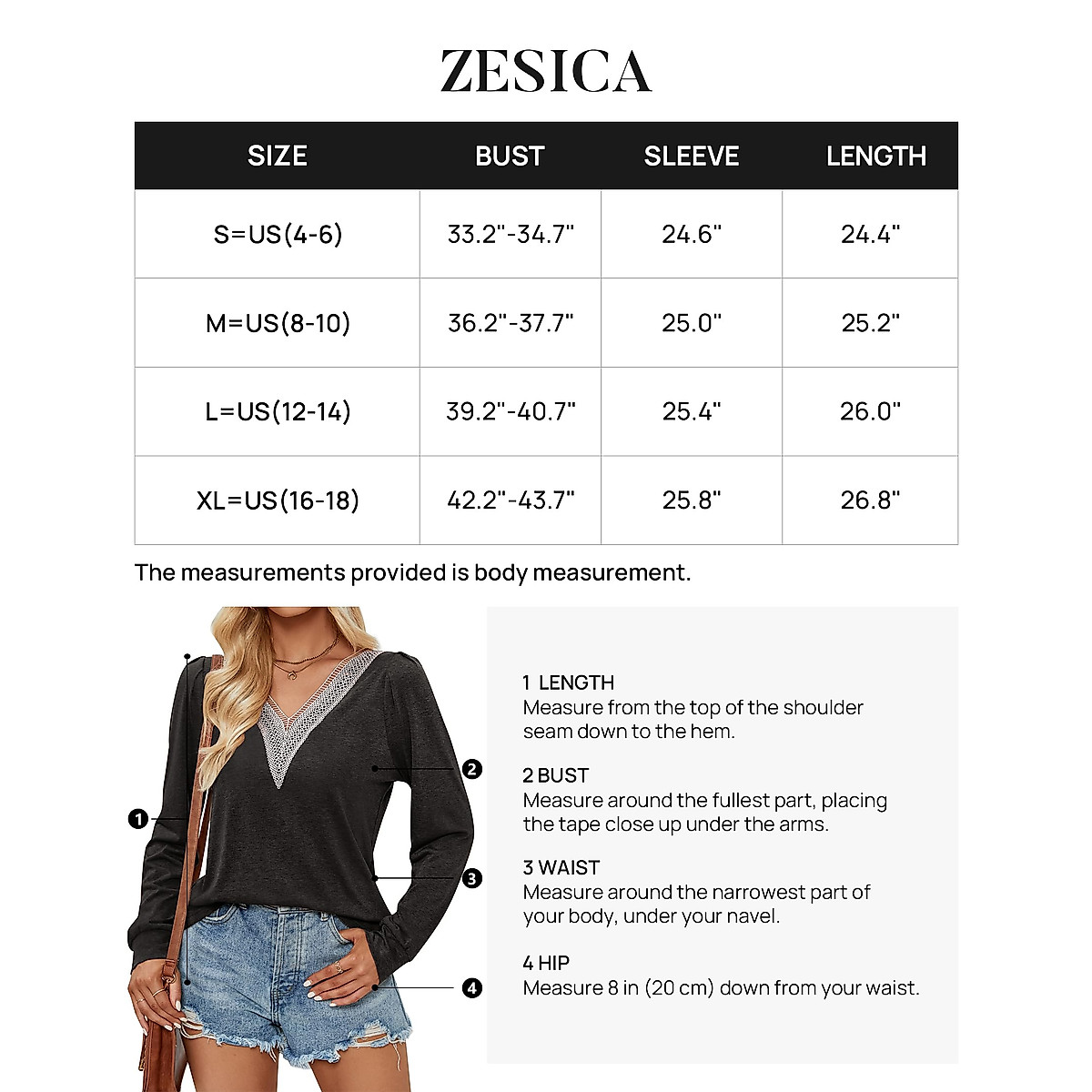 ZESICA Women's 2024 Casual Long Sleeve T Shirts Lace V Neck Trendy Basic Tops Summer Fall Tee Blouse,Black,Medium