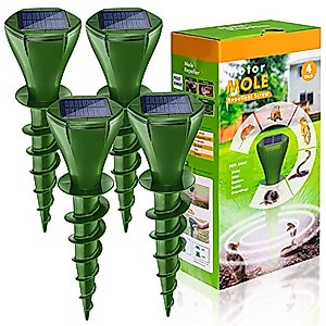 Qualirey Mole Repellent Screw Solar Powered Ultrasonic Groundhog Repeller Mole Deterrent Spikes Snake Vole Gopher Armadillo Repellent Groundhog Deterrent Vibration Stake for Lawn Garden Yard (4 Pack)
