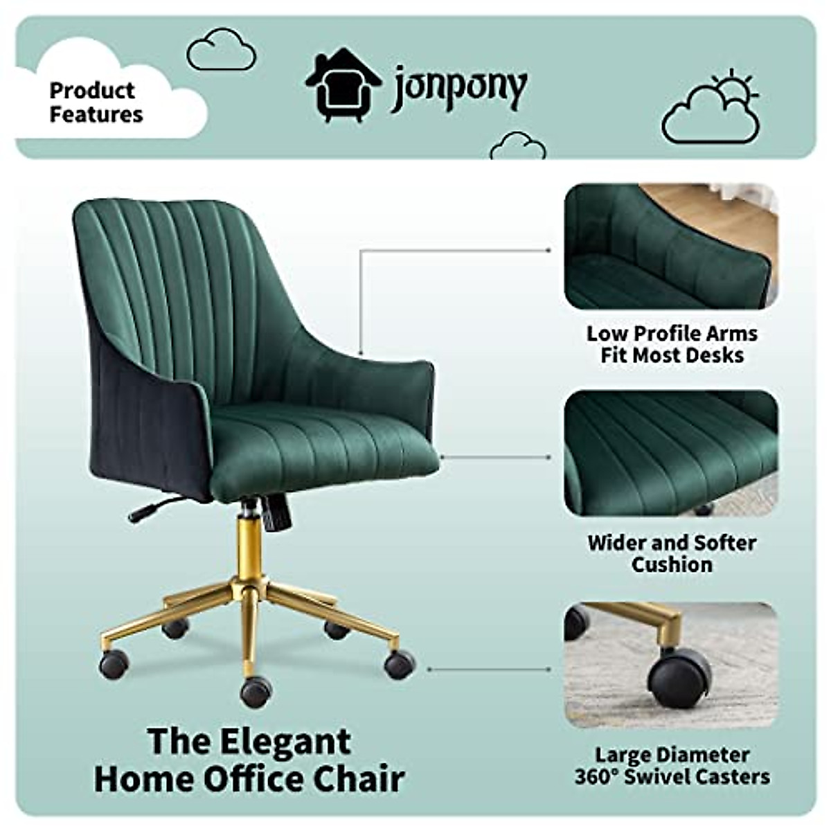 Desk Chair for Home Office Velvet Modern Accent Chair Upholstered Tufted Green Office Chair with Gold Base Swivel Wheels and Adjustable Height Armchair Study Work Stool Vanity Chair for Women, Girls