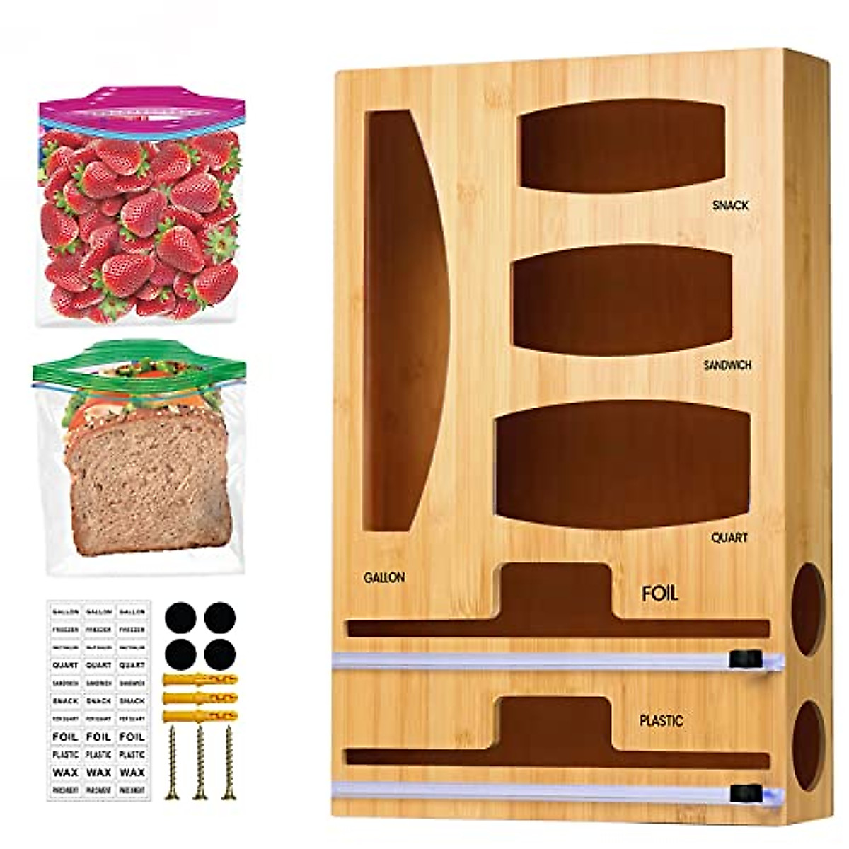 Bag Organizer Compatible with Ziplock, Jeethemy Foil and Plastic Wrap Organizer, 6 in 1 Bamboo Dispenser with Cutter for Kitchen Drawer and Wall Mounted, Storage for Gallon,Quart,Sandwich,Snack