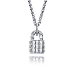 TOPGRILLZ 14K Gold Plated Iced out Lock Pendant Necklace for Women and Women Punk Rock Egirl Eboy Aesthetic Chains Collection Gifts (White Gold)