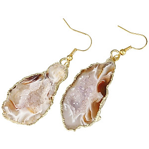 Nupuyai Natural Stone Drop Earrings for Women, Druzy Agate Geode Crystal Quartz Dangle Hook Earrings, Gold Plated, Pack of 2