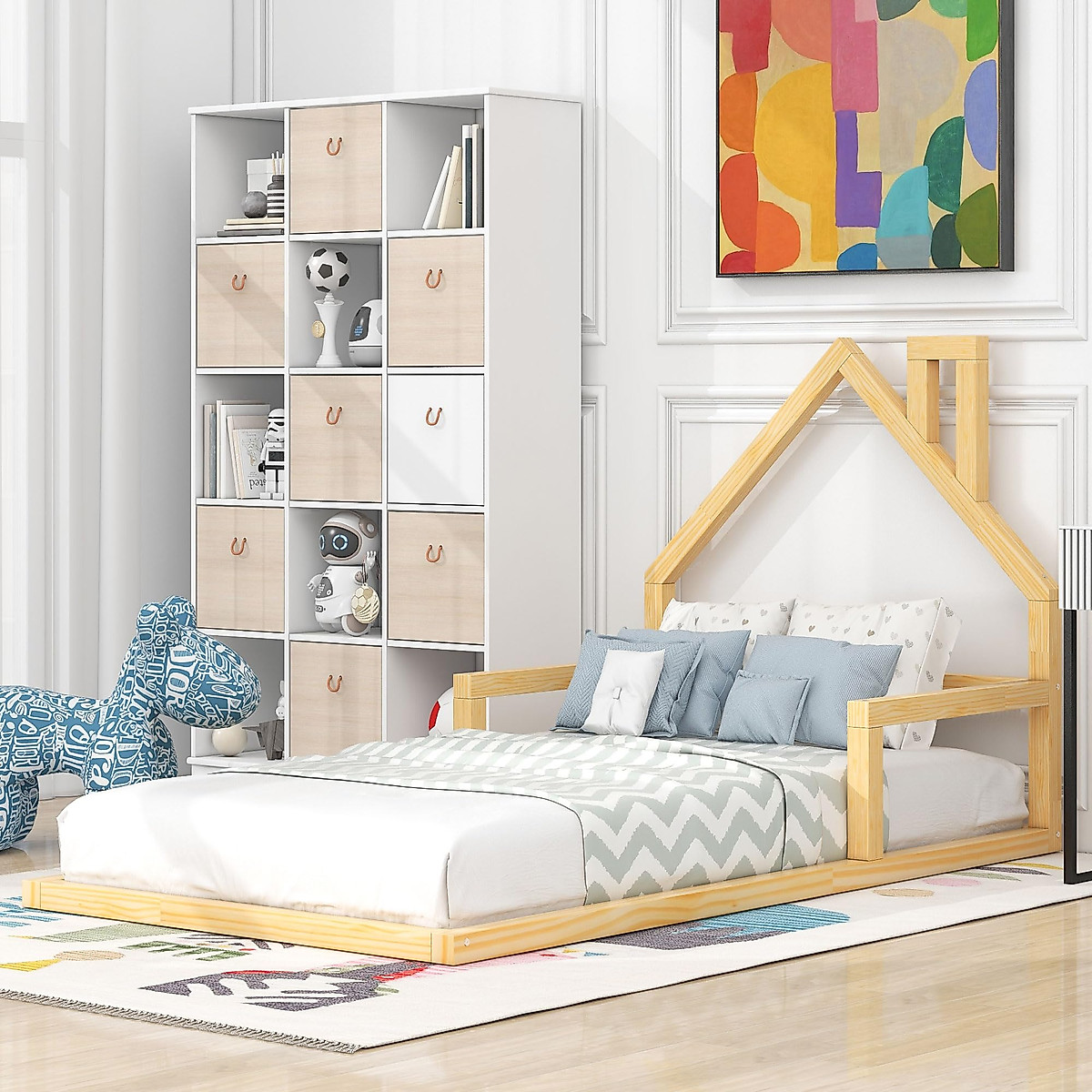 MERITLINE Twin Size Floor Bed with House-Shaped Headboard, Twin Montessori Floor Bed Wood Frame, No Box Spring Needed, for Kids Teens Girls Boys (Natural)