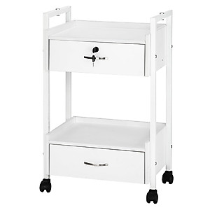 Salon Trolley Cart for Beauty SPA, Wooden Rolling Storage Station, White Mobile Utility Cabinet with 2 Drawers 1 Lockable, Medical Esthetic Supply Holder for Massage Tattoo Facials