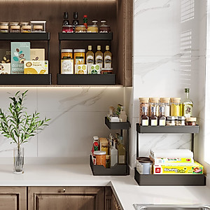 Under Sink Organizers and Storage 2 Packs, 2 Tier Pull Out Cabinet Organizer L-shaped, Sliding Under Bathroom Kitchen Sink Shelf, Multi-Purpose Organization and Storage for Bathroom Kitchen Cabinet