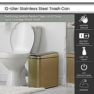 Hanover Home Hands-Free Metal Trash Can with Fingerprint-Resistant Finish, Soft-Close Motion Sensor Lid, and Removable Bin for Bathroom and Bedroom - 3.2 Gallons (12 Liters) in Gold