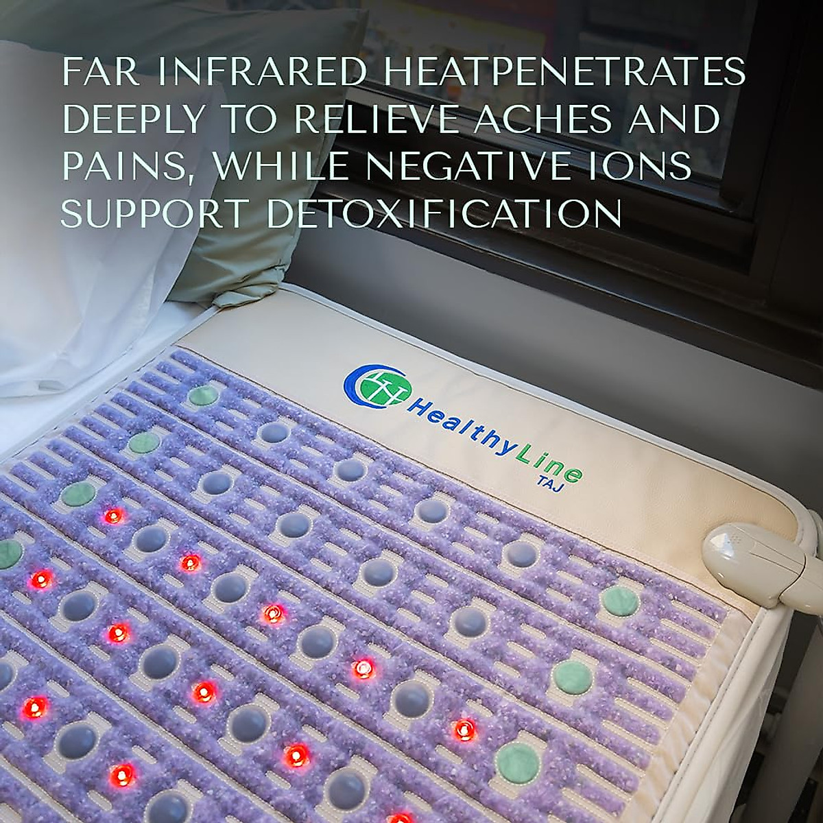 HealthyLine TAJ Far Infrared Heating Pad - Natural Crystal Gemstones Mat for Back Pain - Full Body Auto Shut Off - Rejuvenating Negative Ions and Photon Lights (1/2 Left)
