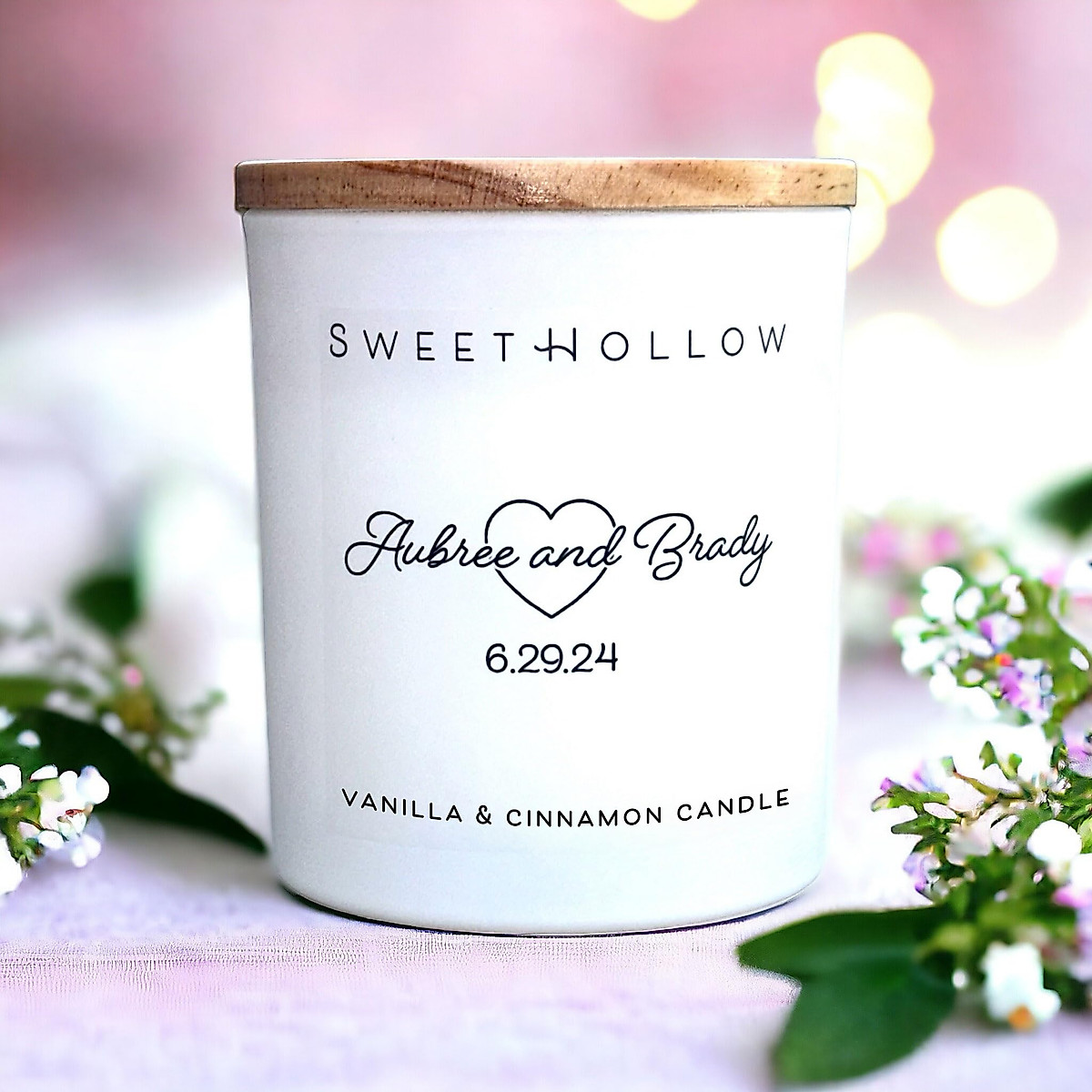 SweetHollow Personalized Candle for Wedding, Engagement, or Anniversary w/Couple's Name and Optional Date, Bride and Groom Custom Gift, Vanilla & Cinnamon Scent, Large