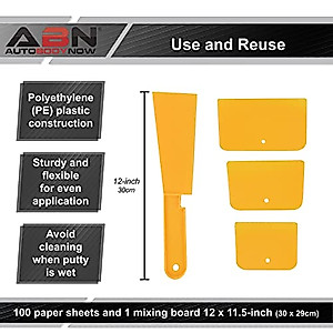 ABN Body Shop Mix Boards Kit - Plastic Scraper and 100pc Body Filler Mixing Board for Filling Scratches