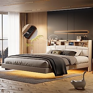 ANCTOR Floating King Bed Frame with Charging Station, Tall Bookcase Headboard, Solid Wood Slats Support, No Box Spring Needed, Easy to Assemble